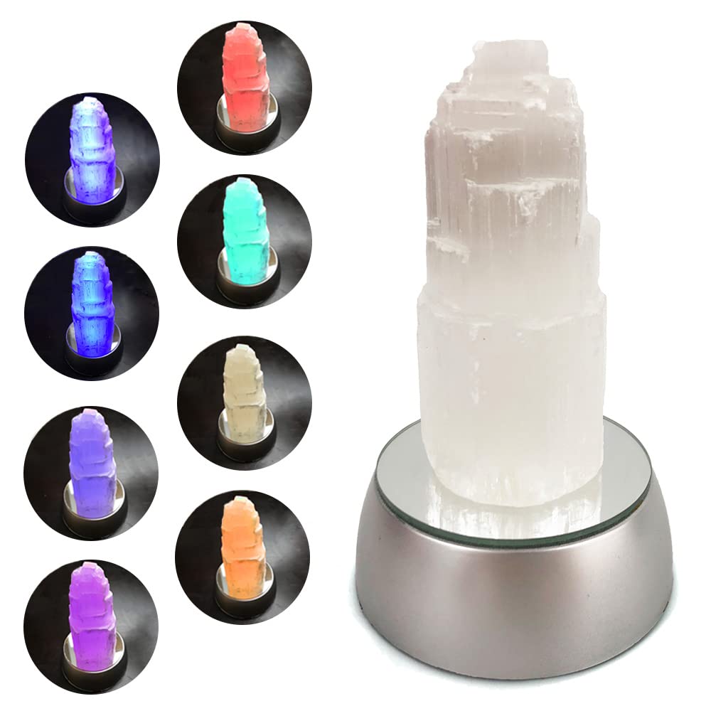 JIC Gem Clearance Natural Selenite Lamp Mini White Gemstone Crystal Lamp 4 inches Color Changing Light + Use Batteries