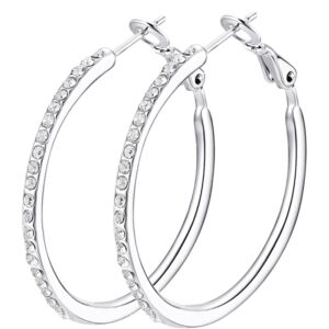 Silver Hoop Earrings, Rhinestone Cubic Zirconia Hoops Fashion Jewelry White Gold Plated Big Hoop Earrings for Women