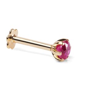 demira jewels handcrafted natural solitaire red ruby in 14k yellow gold with 8mm post lenght and 16 gauge thickness long screw back.