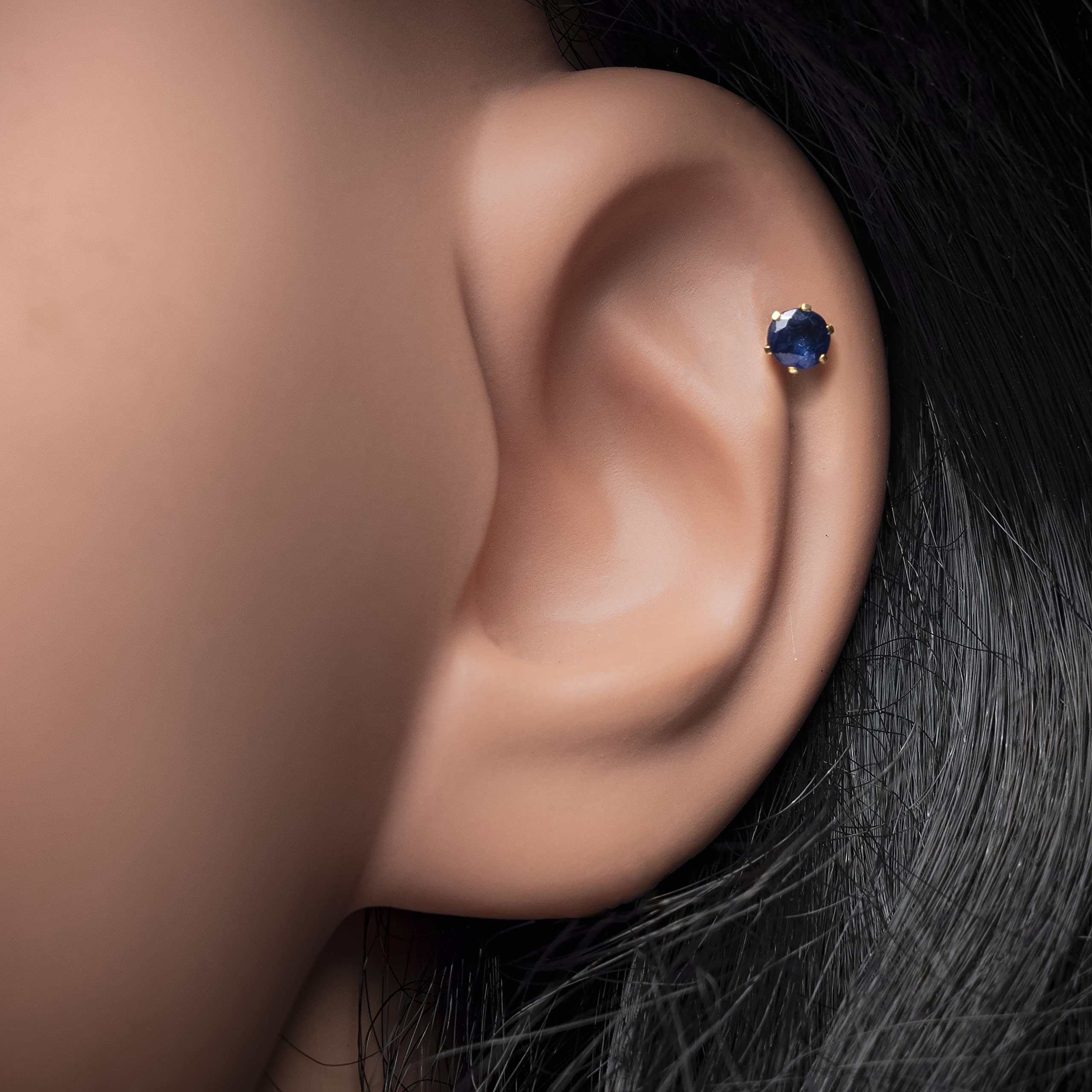 Demira Jewels Genuine Natural Blue Sapphire Nose Stud - 14K Yellow Gold, 3.5mm Stone, Rhodium Plated, 6mm Post Length.