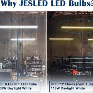 JESLED T8 T10 T12 8FT LED Light Bulbs, 50W 6000LM, 5000K Daylight White, Single Pin Fa8 LED Tube Replacement for Fluorescent Fixtures, Frosted, Ballast Bypass, Warehouse Workshop Garage Lights 4-Pack