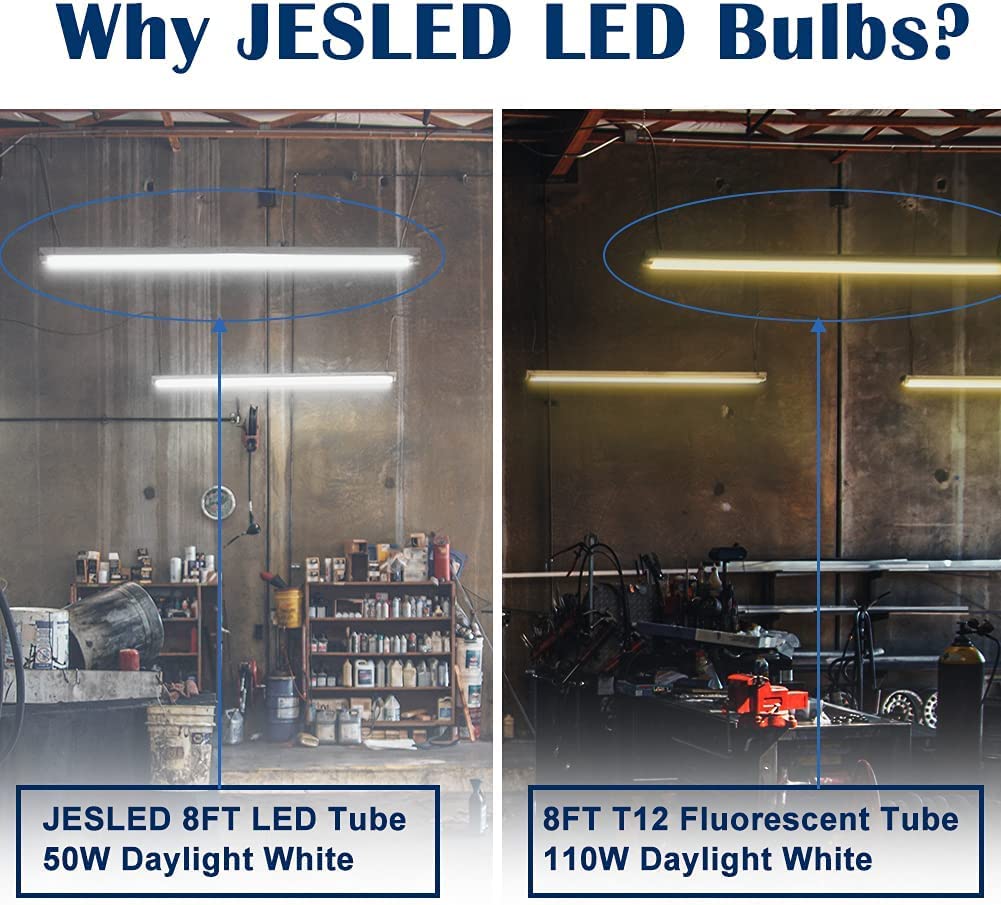 JESLED T8 T10 T12 8FT LED Light Bulbs, 50W 6000LM, 5000K Daylight White, Single Pin Fa8 LED Tube Replacement for Fluorescent Fixtures, Frosted, Ballast Bypass, Warehouse Workshop Garage Lights 4-Pack