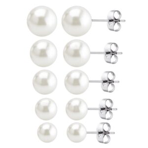 stainless steel stud earrings hypoallergenic cubic zirconia (6pairs) (white pearl)