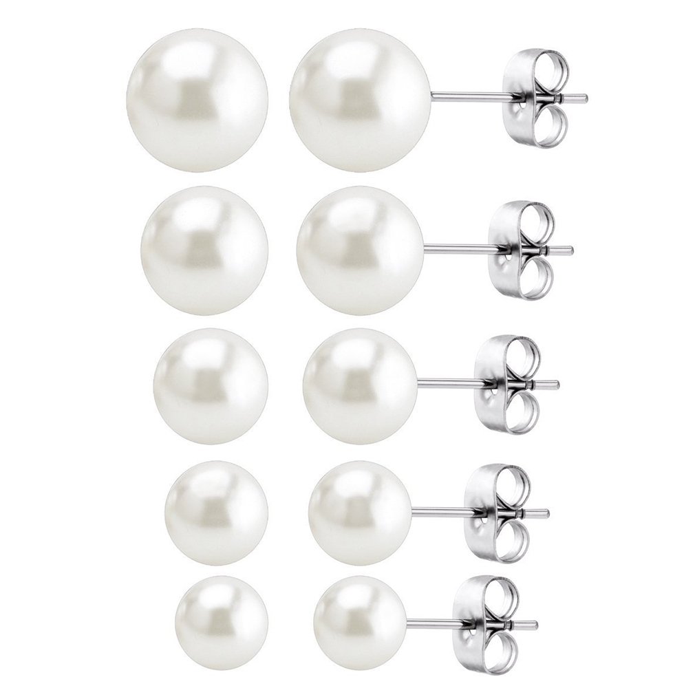 Stainless Steel Stud Earrings Hypoallergenic Cubic Zirconia (6Pairs) (white Pearl)