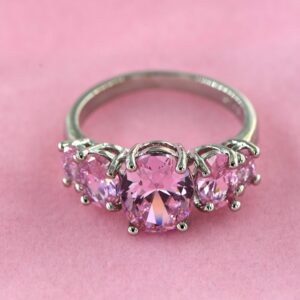 WIBERN White Gold Plated Unique Design Five Pink Cubic Zirconium Princess Cute Charm Ring for Women (Pink, 6)