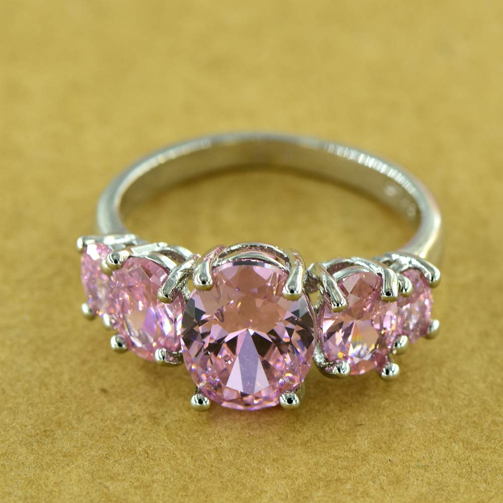 WIBERN White Gold Plated Unique Design Five Pink Cubic Zirconium Princess Cute Charm Ring for Women (Pink, 6)