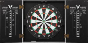 viper hideaway cabinet & steel-tip dartboard ready-to-play bundle, reversible standard and baseball game options with two sets of steel-tip darts and chalk scoreboards, black matte finish