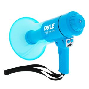 pyle compact and portable mega phone speaker - 40w waterproof bullhorn with alarm siren, adjustable volume, led flashlight, and aa battery power - indoor/outdoor use for cheering at football games