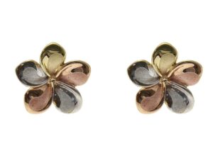 14k solid tricolor gold hawaiian 11mm plumeria flower stud earrings