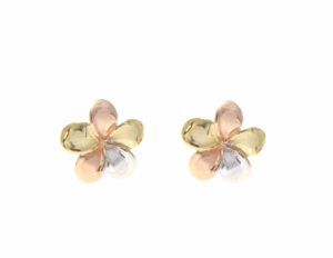 tricolor gold hawaiian 9mm plumeria flower stud post earrings