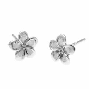 14K solid white gold Hawaiian 7mm tropical plumeria flower stud earrings