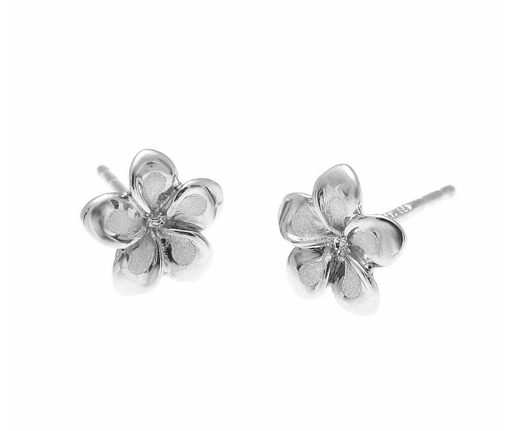 14K solid white gold Hawaiian 7mm tropical plumeria flower stud earrings