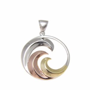 Arthur's Jewelry 925 Sterling silver yellow rose gold tricolor plated Hawaiian 20mm ocean wave pendant