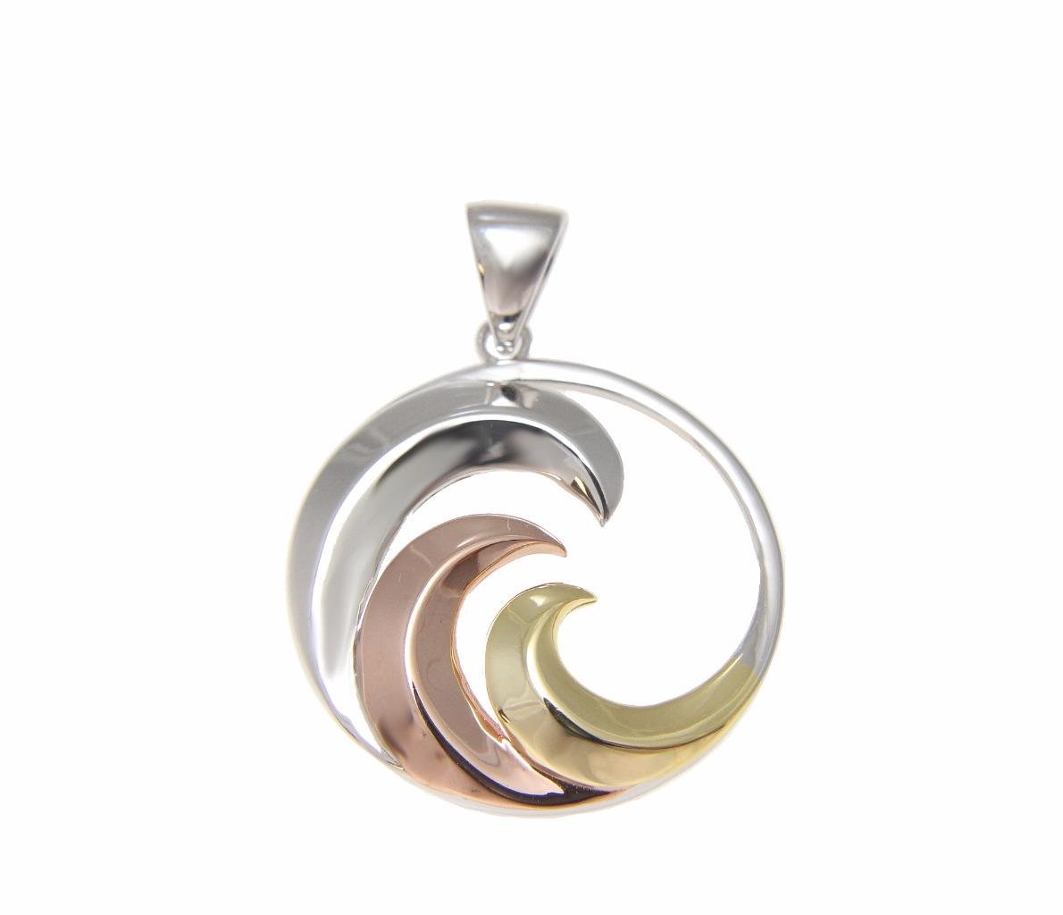 Arthur's Jewelry 925 Sterling silver yellow rose gold tricolor plated Hawaiian 20mm ocean wave pendant