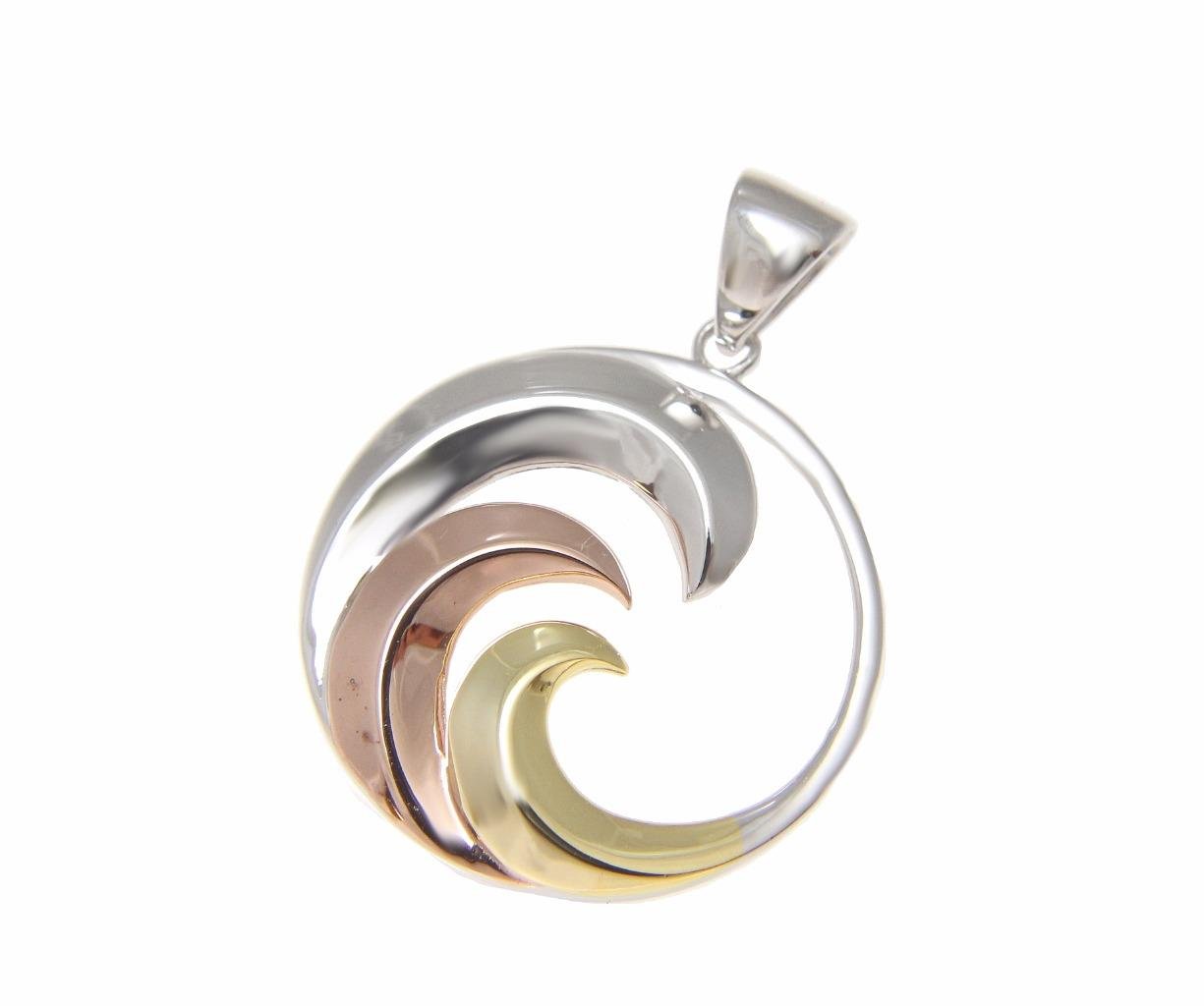 Arthur's Jewelry 925 Sterling silver yellow rose gold tricolor plated Hawaiian 20mm ocean wave pendant