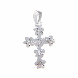 Arthur's Jewelry 925 Sterling silver Hawaiian plumeria flower cross pendant clear cz 11mm small