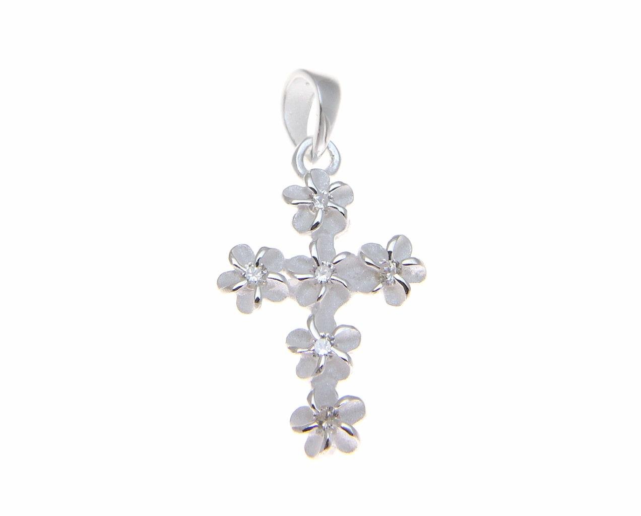 Arthur's Jewelry 925 Sterling silver Hawaiian plumeria flower cross pendant clear cz 11mm small