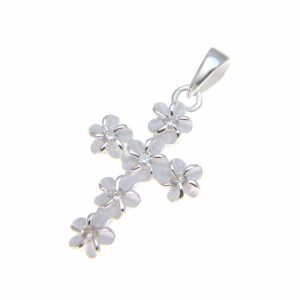 Arthur's Jewelry 925 Sterling silver Hawaiian plumeria flower cross pendant clear cz 11mm small