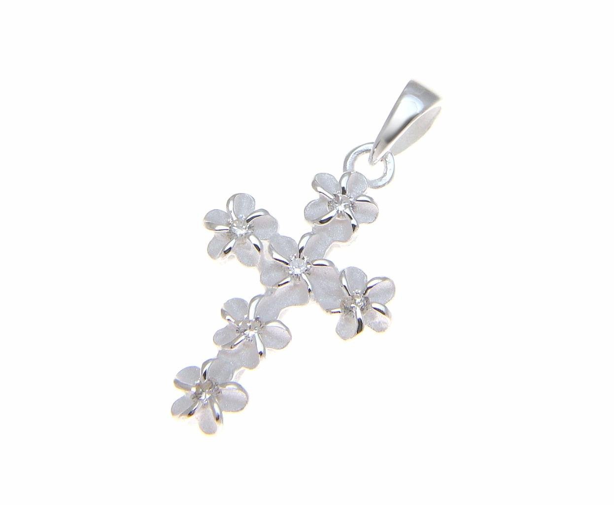 Arthur's Jewelry 925 Sterling silver Hawaiian plumeria flower cross pendant clear cz 11mm small