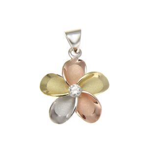 Arthur's Jewelry 925 Sterling silver yellow rose gold tricolor plated Hawaiian plumeria pendant cz 15mm