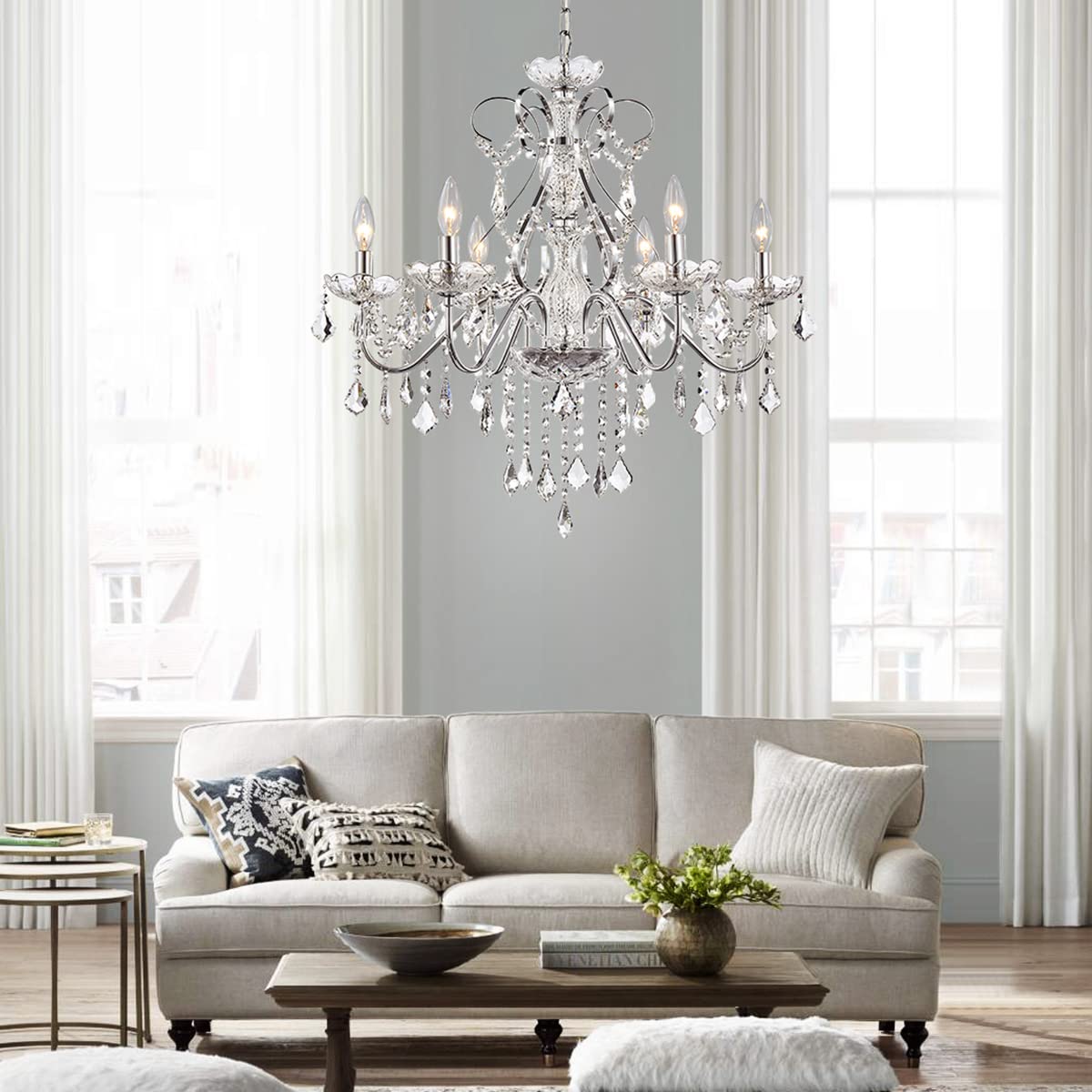 Saint Mossi 6 Light Crystal Chandelier Light Fixture Modern Chandelier Crystal Lighting, Crystal Pendant Raindrop Chandelier for Dining Room,Bedroom,Living Room,H23 x D24