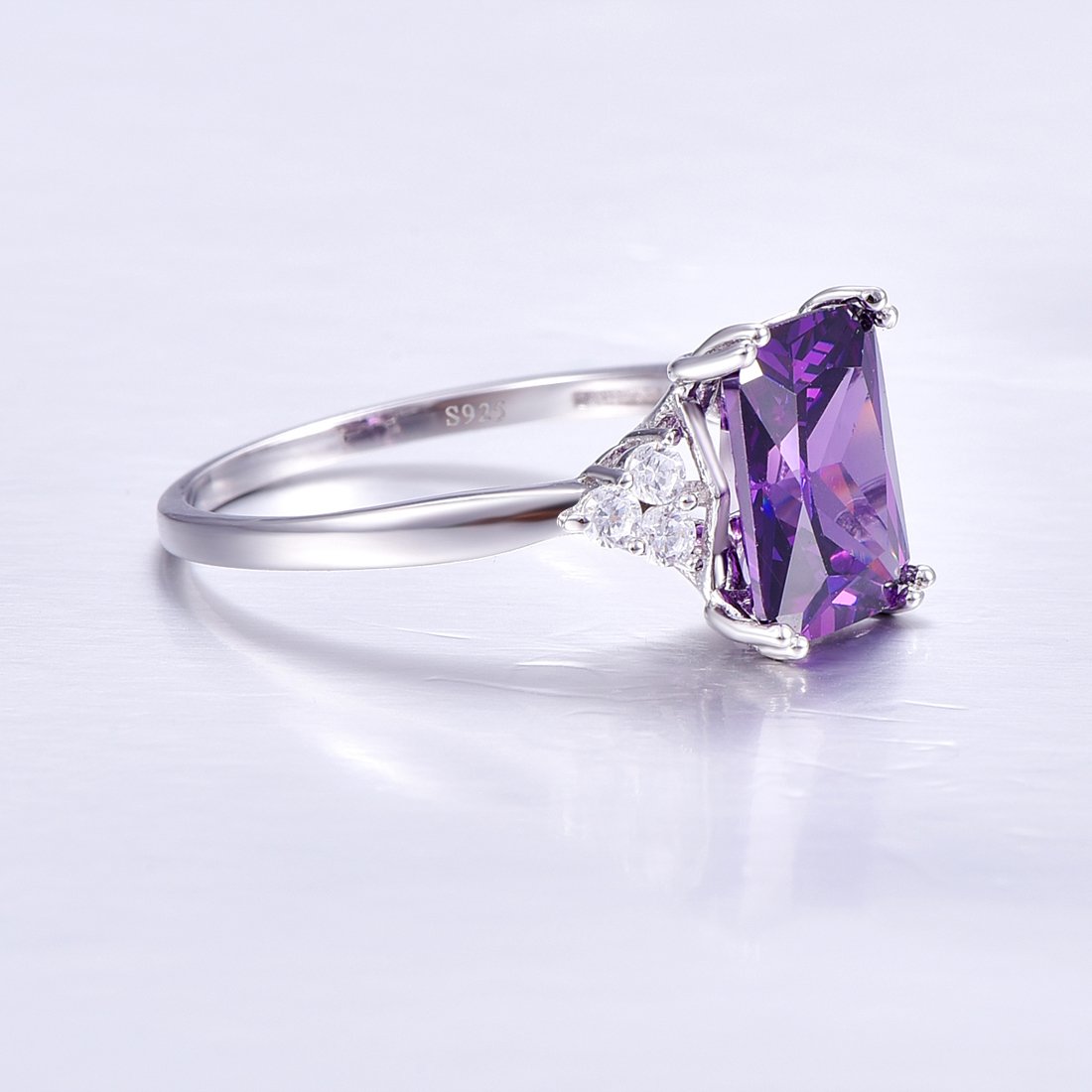 Merthus 8x10mm Radiant Cut Simulated Amethyst Simple 925 Sterling Silver Engagement Ring for Women Size 6