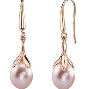 THE PEARL SOURCE 10-11mm Drop-Shaped Genuine Pink Freshwater Cultured Pearl Rose Gold Olive Earrings for Women