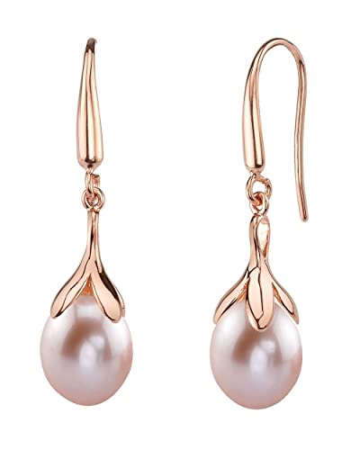 THE PEARL SOURCE 10-11mm Drop-Shaped Genuine Pink Freshwater Cultured Pearl Rose Gold Olive Earrings for Women