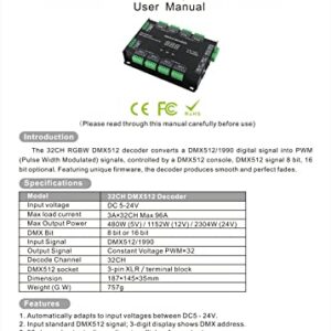 32 Channel 96A RGBW DMX 512 LED Decoder Controller DMX Dimmer DC5-24V RGBW RGB LED Light 8 Bit/16 Bit