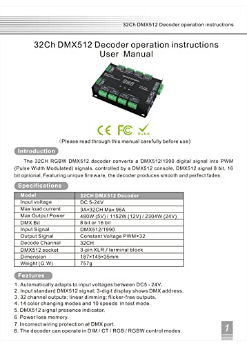 32 Channel 96A RGBW DMX 512 LED Decoder Controller DMX Dimmer DC5-24V RGBW RGB LED Light 8 Bit/16 Bit