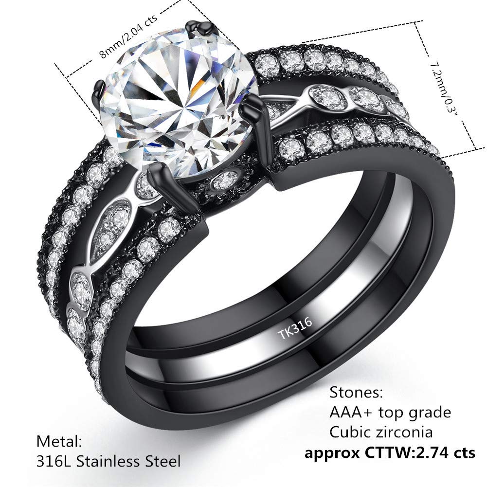 MABELLA CZ Black Wedding Band Engagement Ring Sets Stainless Steel Round Cut Cubic Zirconia Size 8