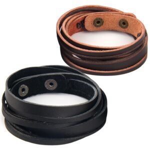 chic exquise designs handmade genuine vintage leather wrist cuff wrap bracelet adjustable (c: 2 pcs set (brown and black))