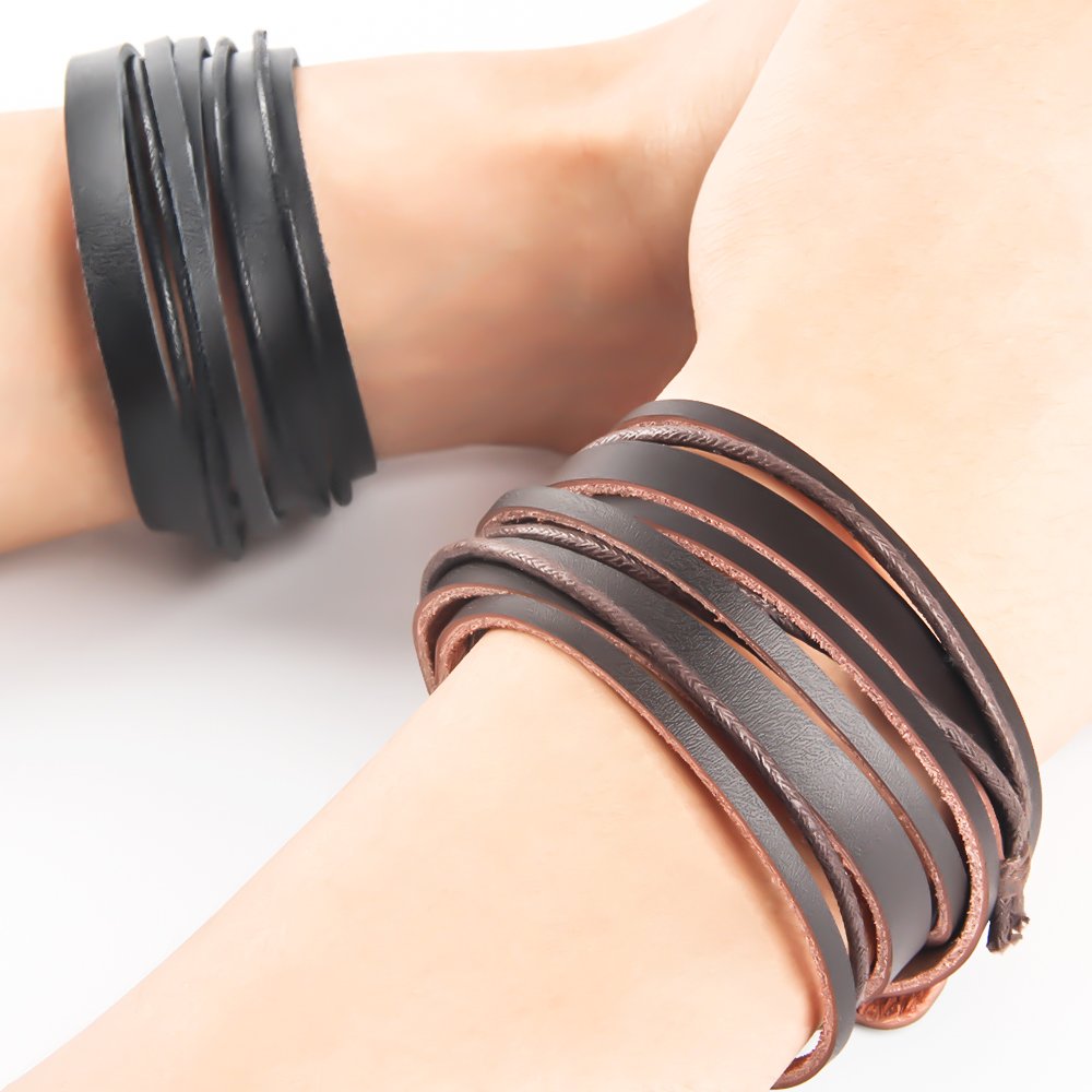 Chic Exquise Designs Handmade Genuine Vintage Leather Wrist Cuff Wrap Bracelet Adjustable (C: 2 Pcs set (Brown and Black))