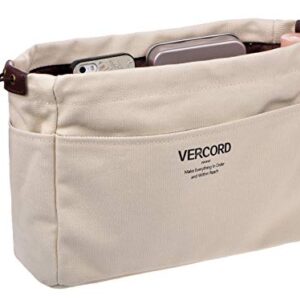 Vercord Canvas Handbag Organizers, Sturdy Purse Insert Organizer Bag in Bag, 10 Pockets Beige Small