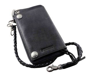 new men's biker rocker long genuine leather wallet w/purse chain black