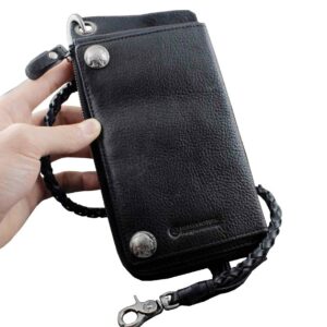 New Men's Biker Rocker Long Genuine Leather Wallet w/Purse Chain Black