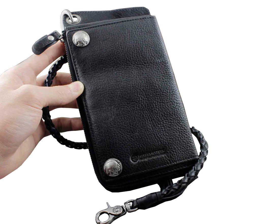 New Men's Biker Rocker Long Genuine Leather Wallet w/Purse Chain Black