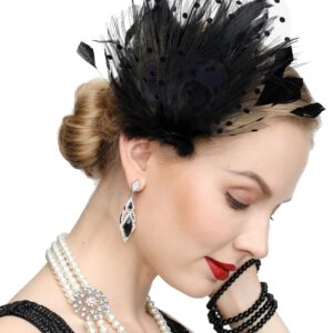 Cizoe Fascinators 20s Gatsby Flapper Acessories Art Deco Party Accessory Peacock Feather Headpiece(1A-Black)