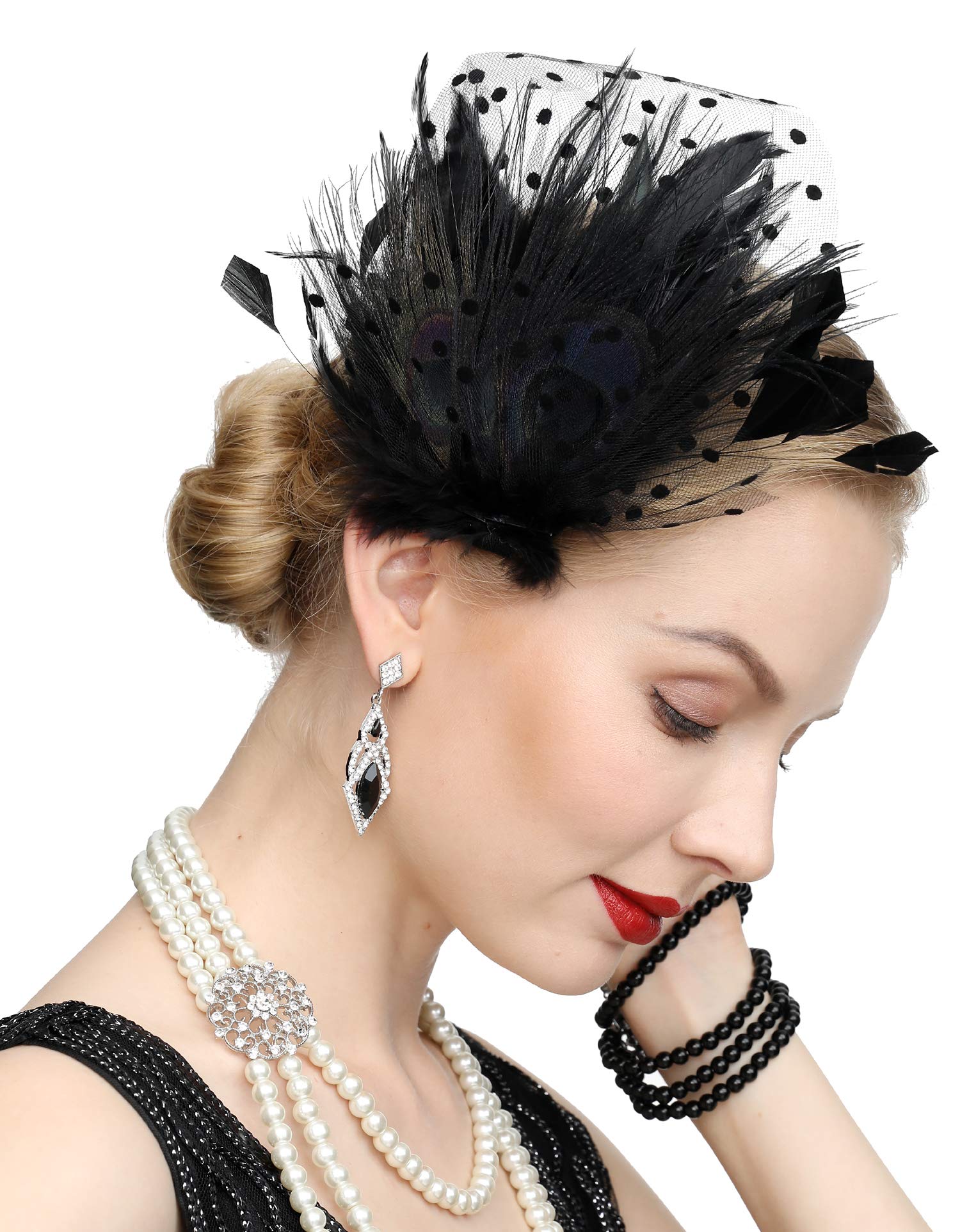 Cizoe Fascinators 20s Gatsby Flapper Acessories Art Deco Party Accessory Peacock Feather Headpiece(1A-Black)