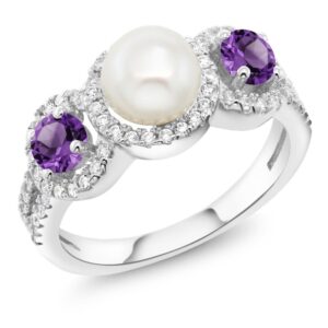 gem stone king 925 sterling silver cultured freshwater pearl and purple amethyst ring for women (1.30 cttw, gemstone birthstone, available in size 5, 6, 7, 8, 9)