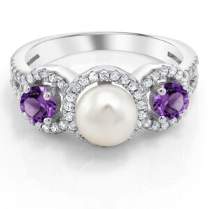 Gem Stone King 925 Sterling Silver Cultured Freshwater Pearl and Purple Amethyst Ring For Women (1.30 Cttw, Gemstone Birthstone, Available In Size 5, 6, 7, 8, 9)