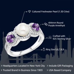 Gem Stone King 925 Sterling Silver Cultured Freshwater Pearl and Purple Amethyst Ring For Women (1.30 Cttw, Gemstone Birthstone, Available In Size 5, 6, 7, 8, 9)