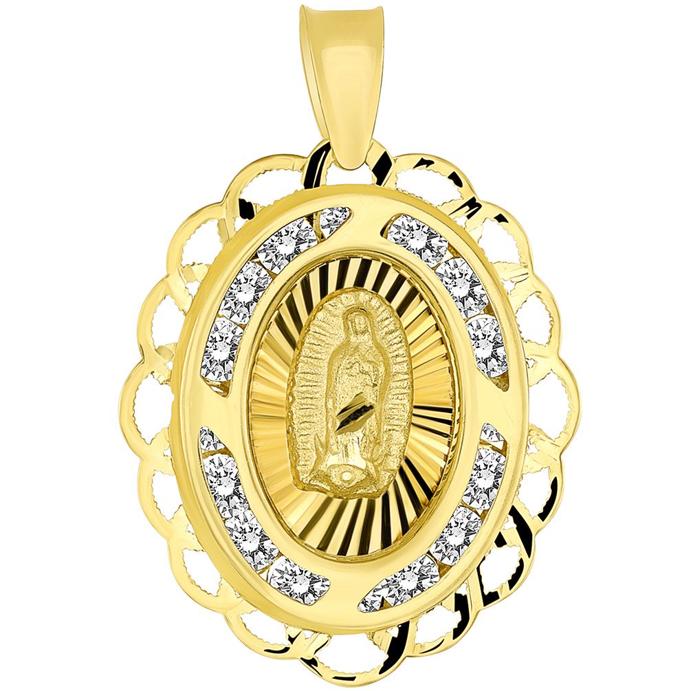 Jewelry America 14k Yellow Gold Fancy Our Lady of Guadalupe Mary CZ Studded Oval Medallion Charm Pendant