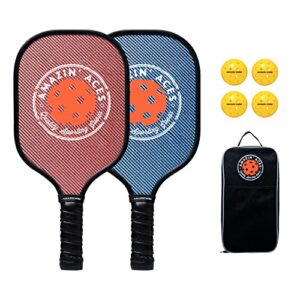 amazin' aces carbon fiber pickleball paddle set in blue and pink - 2 pickleball rackets with carbon fiber face and polymer core, 4 outdoor balls, and 1 carry bag