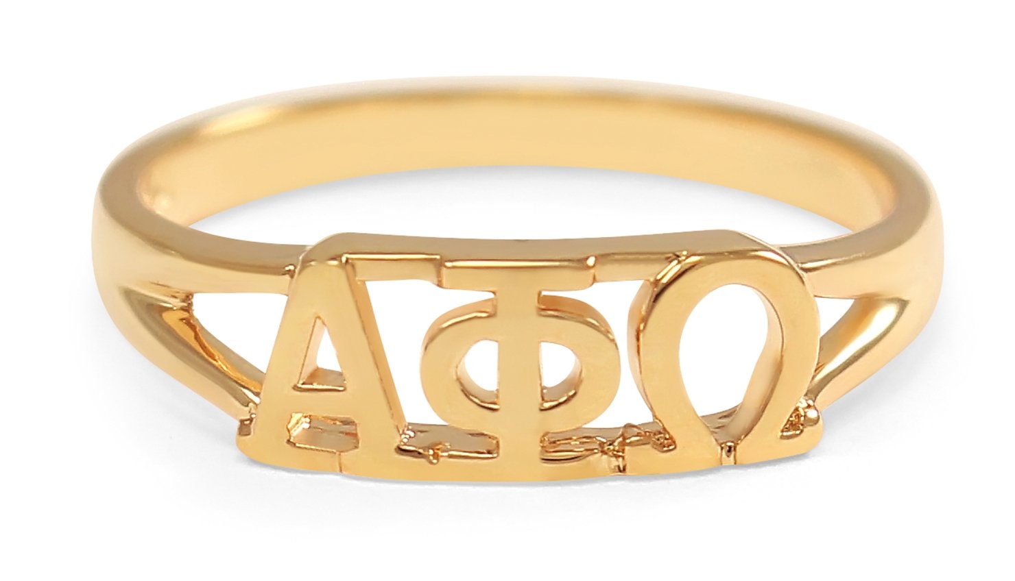 The Collegiate Standard Alpha Phi Omega Co Ed 14k Gold Plated Sorority Ring with Greek letters (7.0)