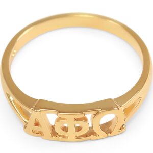 The Collegiate Standard Alpha Phi Omega Co Ed 14k Gold Plated Sorority Ring with Greek letters (7.0)