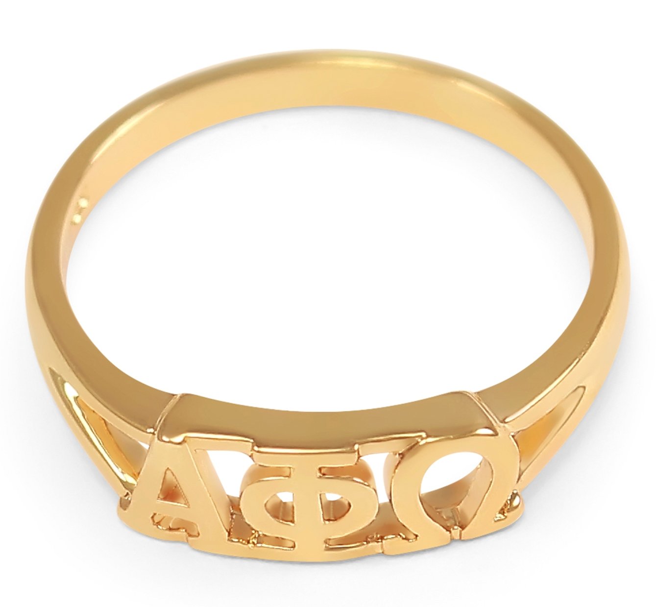 The Collegiate Standard Alpha Phi Omega Co Ed 14k Gold Plated Sorority Ring with Greek letters (7.0)