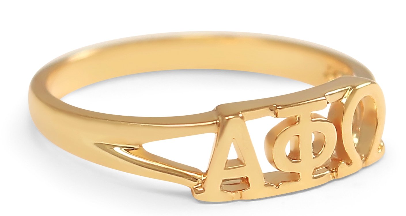 The Collegiate Standard Alpha Phi Omega Co Ed 14k Gold Plated Sorority Ring with Greek letters (7.0)