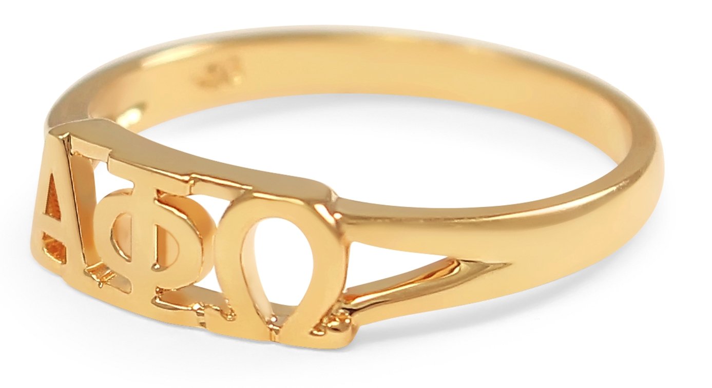 The Collegiate Standard Alpha Phi Omega Co Ed 14k Gold Plated Sorority Ring with Greek letters (7.0)