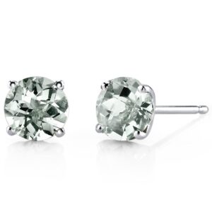 peora solid 14k white gold genuine green amethyst solitaire stud earrings for women, hypoallergenic 1.50 carats total round shape aaa grade, february birthstone, friction backs